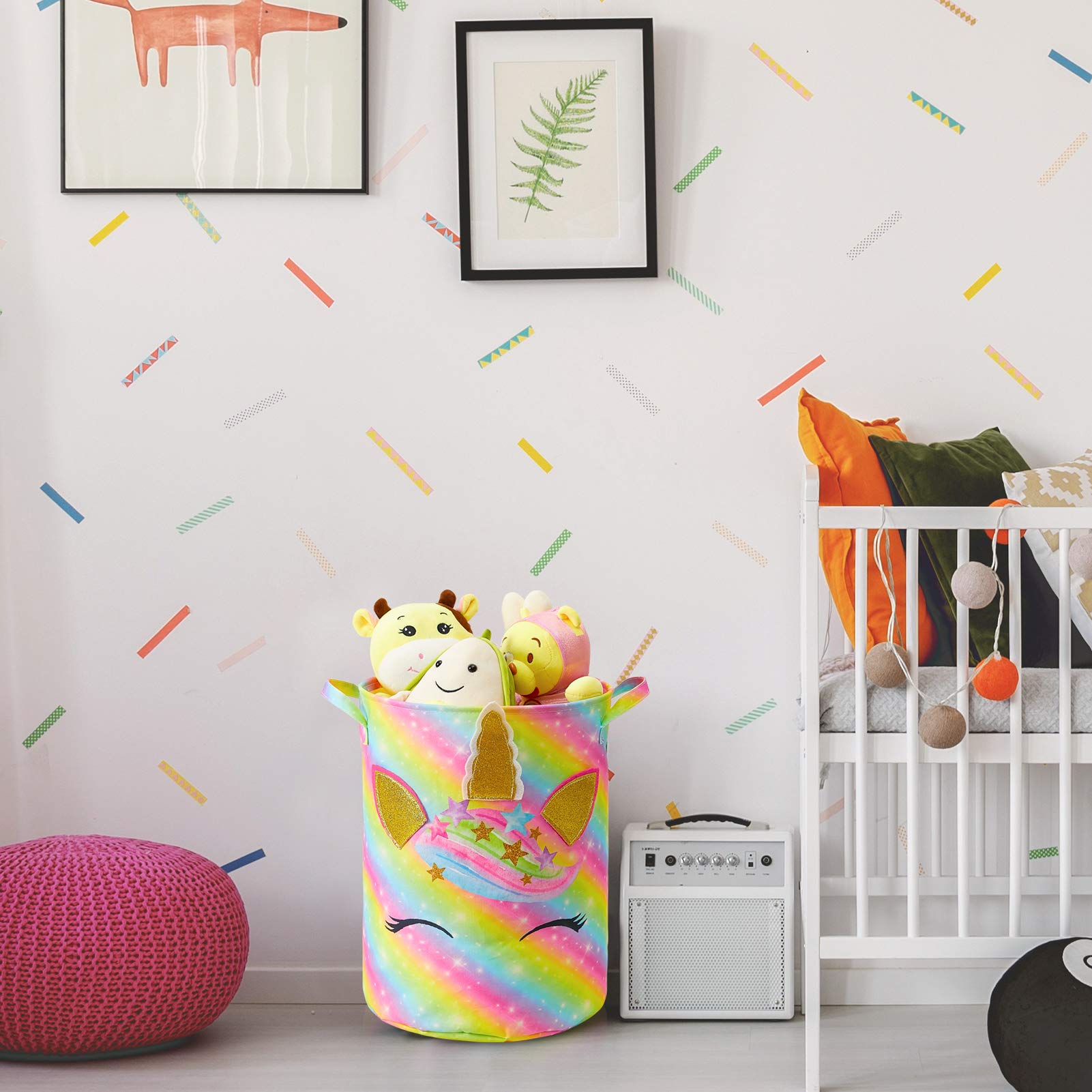 FIOBEE Unicorn Laundry Basket Rainbow Storage Bins Waterproof Nursery Hamper Canvas Toy Organizer for Kids Girls Bedroom Clothes