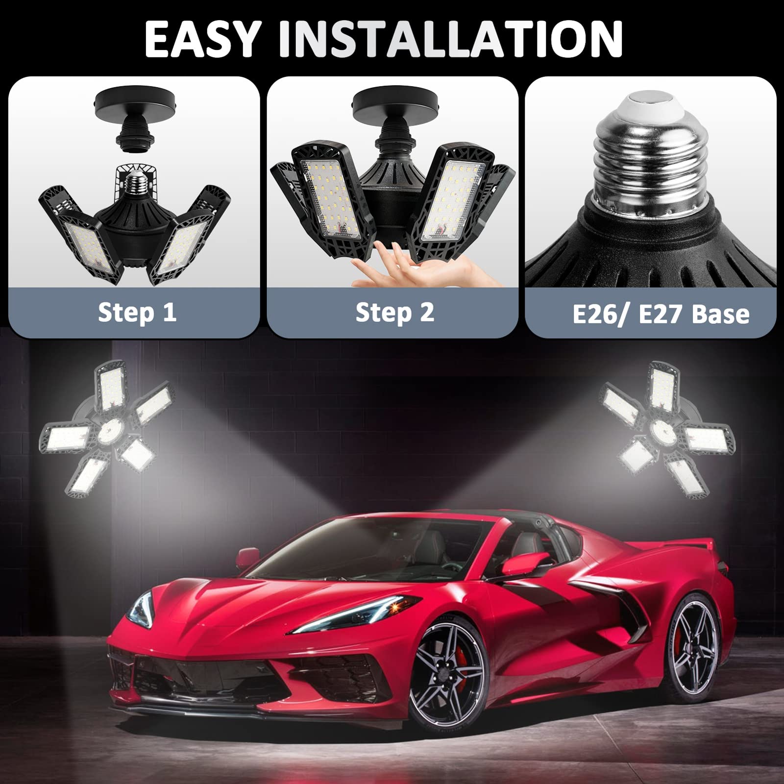 2 Pack LED Garage Light, 150W Deformable LED Garage Ceiling Lights with 5+1 Adjustable Panels, 15000LM 6500K Garage Lights Ceiling Led for Garage, Workshop,Basement Bay