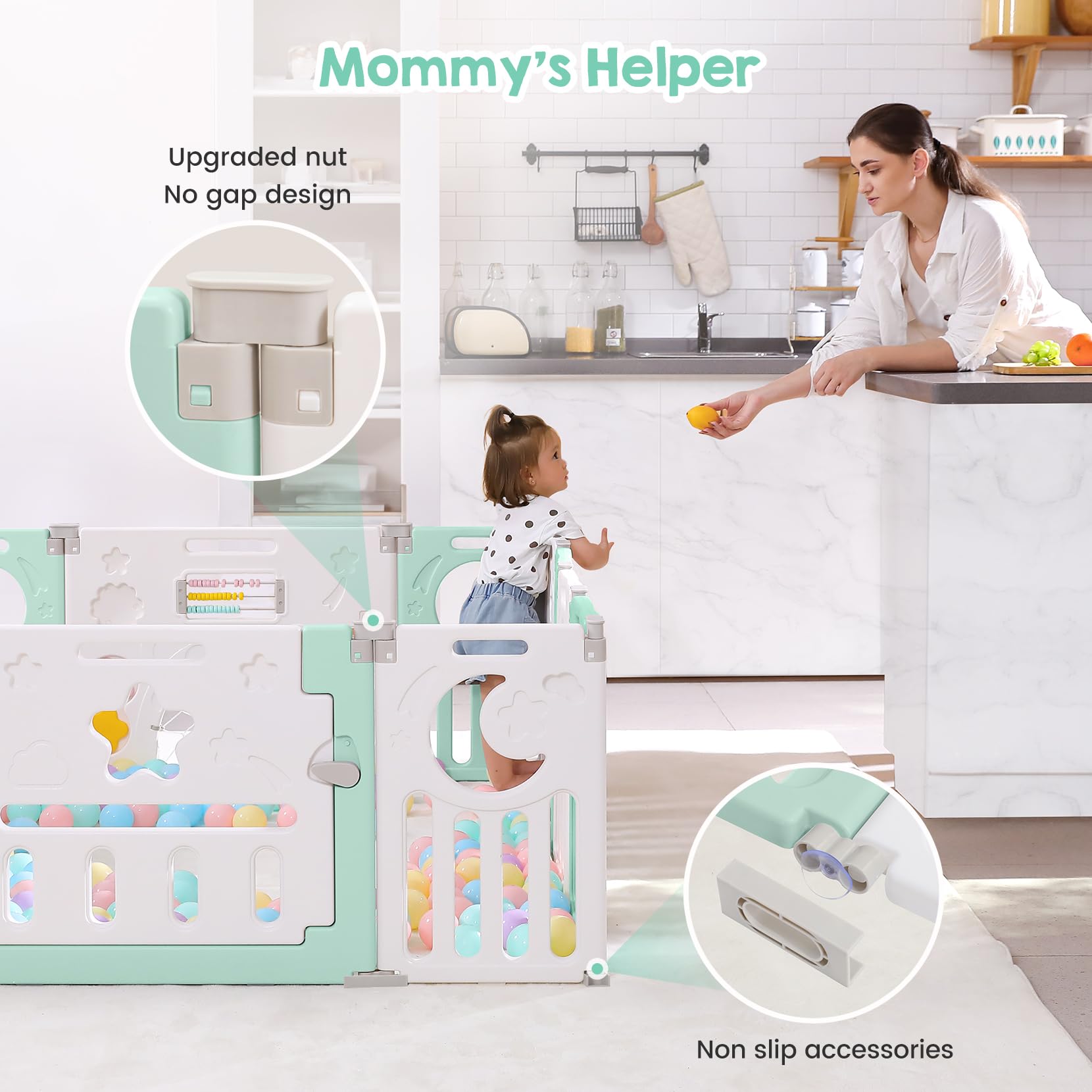Baby Playpen, Dripex Foldable Playpen for Babies and Toddlers, Custom Shape Baby Fence, Safety Play Yard with Gate, Portable Play Area for Indoor or Outdoor, Light Green White, 14 Panel