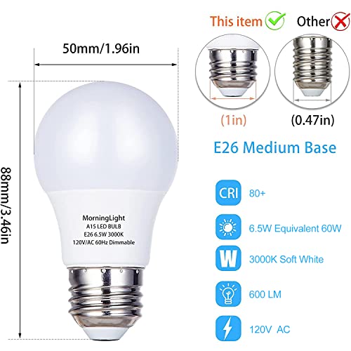 6 Pack A15 LED Bulb, 6.5W Equivalent 60 Watt Dimmable Light Bulb, 3000K Soft White, E26 Base, G45/A15 Shape LED Appliance Bulb for Ceiling Fan, Fixtures, 600LM