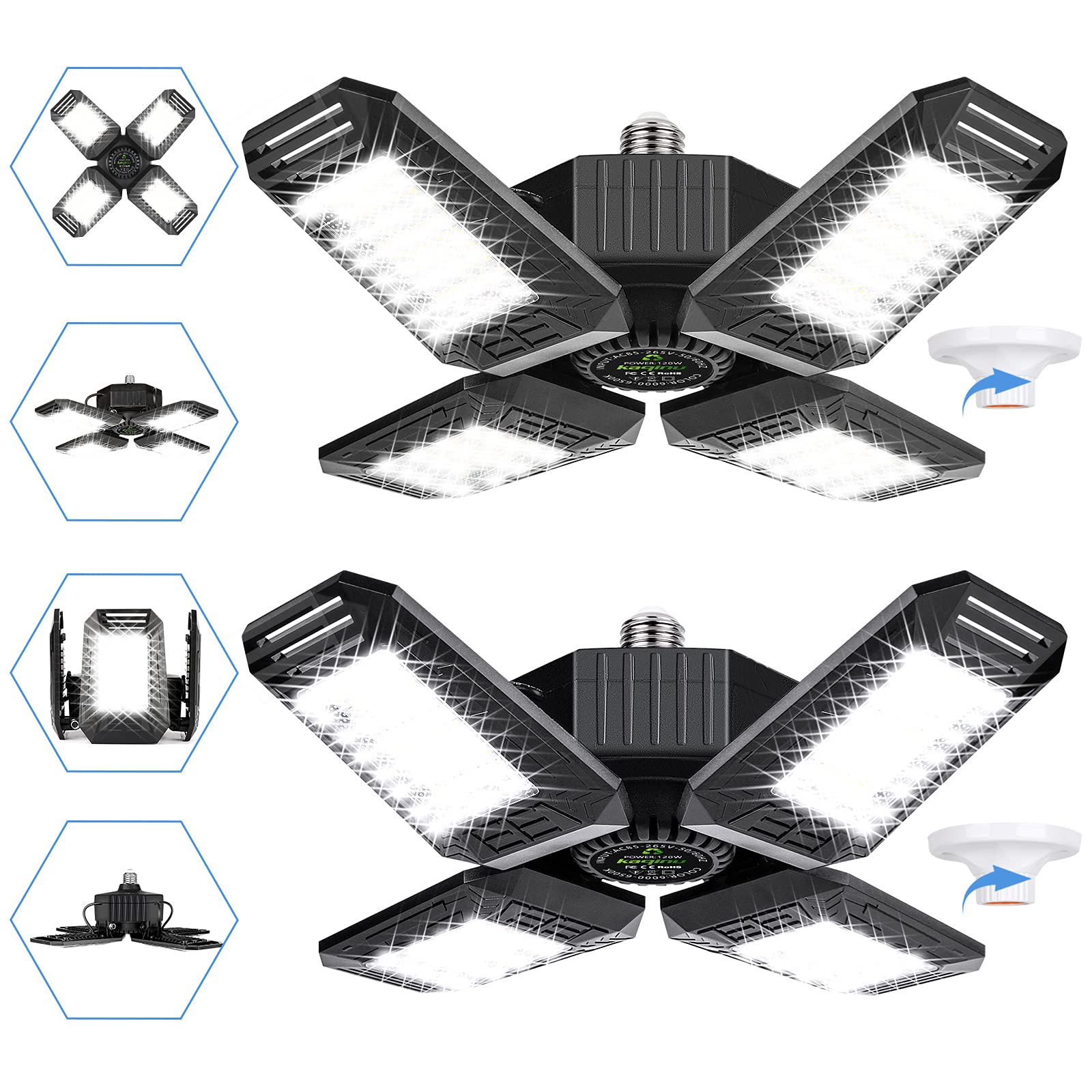 2 Pack LED Garage Lights, Deformable LED Garage Light 120W 15000LM 6500K Shop Lights with 4 Adjustable Panels for Workshop Basement Warehouse Residential High Bay Light Support E26/E27 Screw Socket