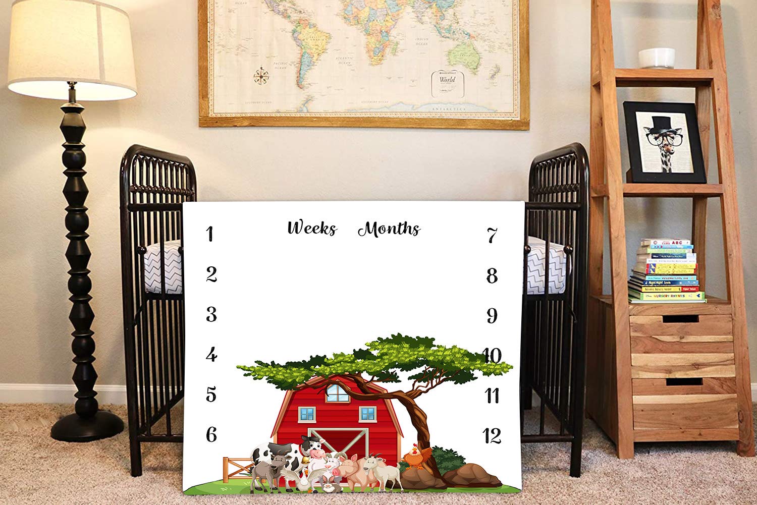 LUCKBTY Farm Animals Baby Monthly Milestone Blankets Soft Forest Red House Memory Blankets Girls Boys Cute Cartoon Photo Background Blankets 48"x48" BTZDLU122