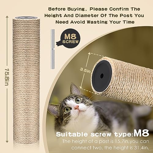 6 Pack Cat Scratching Post Replacement, White Hemp Rope Refill Scratching Post Cat Tree DIY Spare Cat Scratcher Large Cat Tower Refurbishment for Indoor Cats with M8 Screws, 3.5 x 15.8 Inches