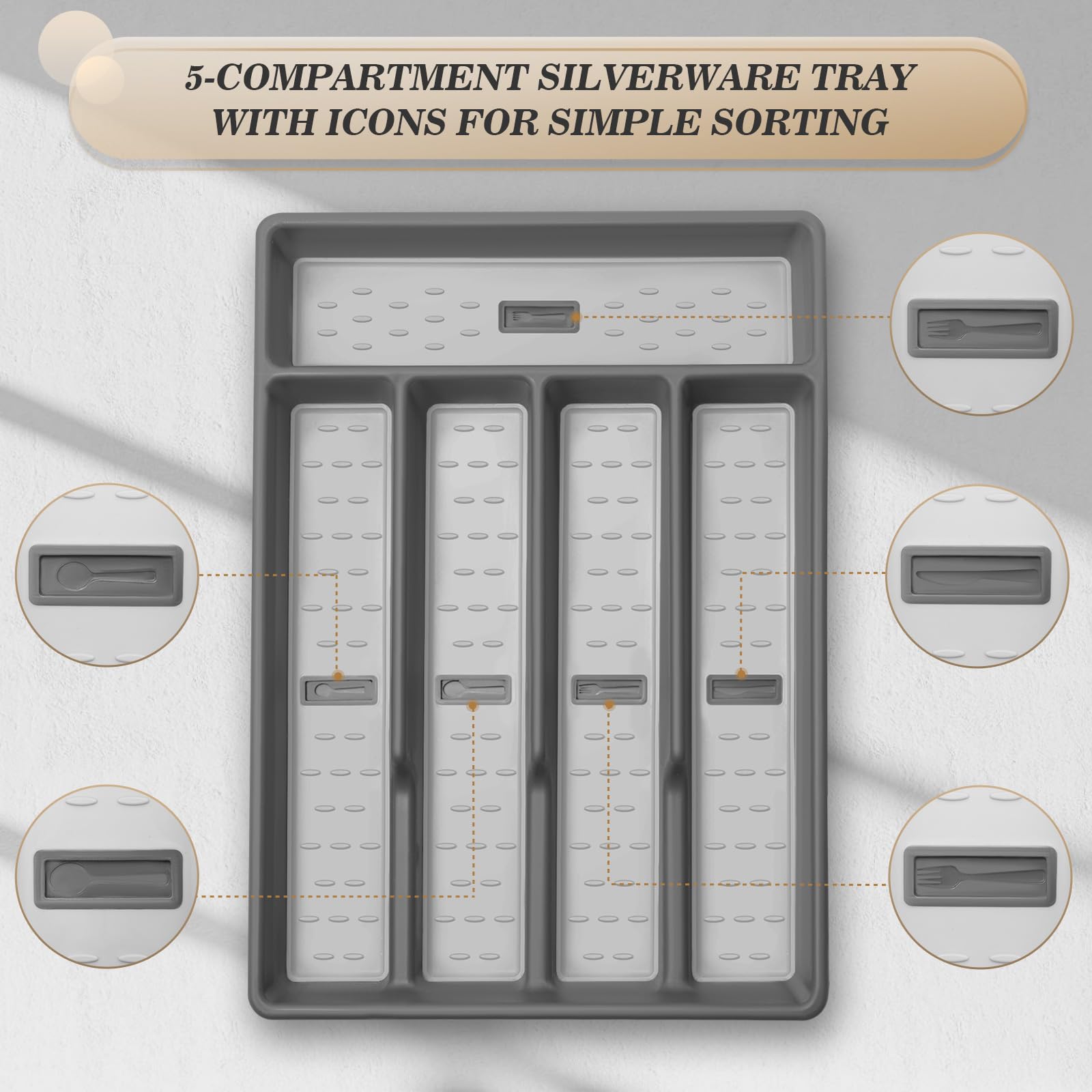 20-Piece Silverware Set with Organizer,Heavy Duty Stainless Steel Flatware Cutlery Tableware Set for 4,Includes 5-Compartment Silverware Tray with Cutlery Icons,First Apartment Kitchen Essentials