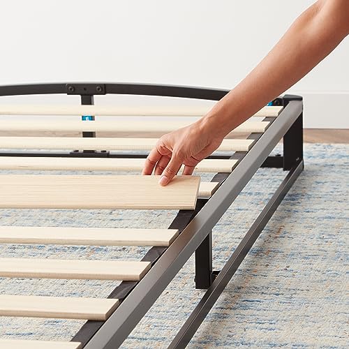 Amazon Basics Metal Platform Bed Frame with Wood Slat Support, 10 Inches High, Queen, Black