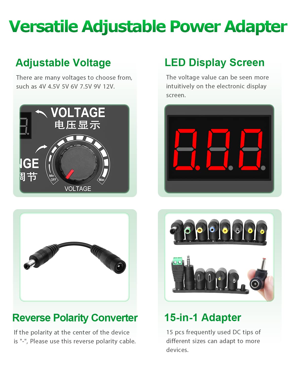 Arkare Universal Power Supply 120W AC Adapter Adjustable Power Adapter 4.5V 5V 9V 12V 10A 8A 6A 5A 3A 1A AC/DC AC 100-240V to DC 4~12V Multi Voltage Switching with 15 Tips & Polarity Converter