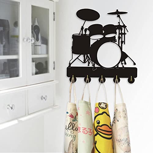 Drum Wall Hook Multi-Purpose Wall Hanger Coat Bags Clothes Keys Holder Heavy Duty Brass 5 Hooks Music Instrument Household Decor Hooks Drummer Gift 30cm