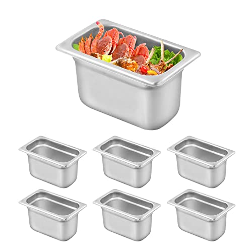 HOCCOT 1/9 Size Hotel Pan 6 Packs, 2.6" Deep 304 Stainless Steel Steam Table Pan for Chafing, Commercial Food Pan for Hotel, Buffet, Restaurant, Party, Catering Food Pan for Food Supply & Storage