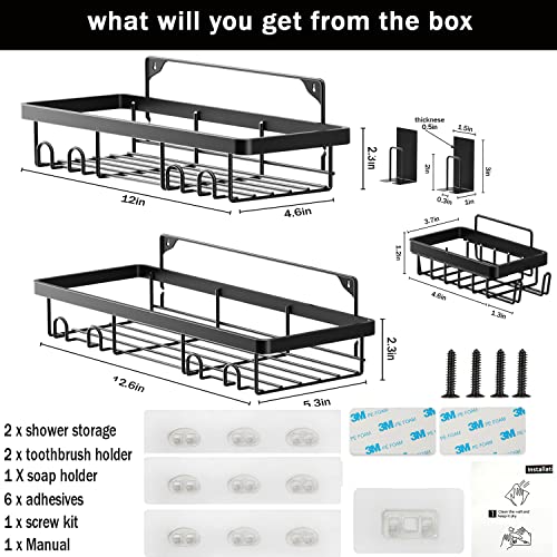 Aonxi Shower Caddy, 5-Pack Adhesive Bathroom Shower Organizer, No Drilling Rustproof Stainless Steel Shower Shelves for Inside Shower Storage with Hooks, Black
