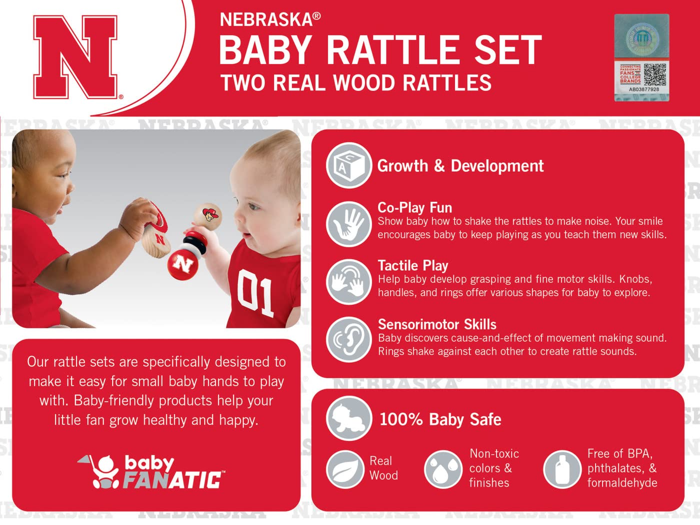 BabyFanatic Wood Rattle 2 Pack - NCAA Nebraska Cornhuskers - Officially Licensed Baby Toy Set