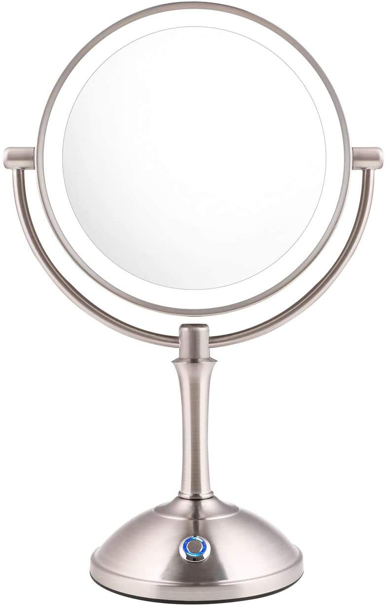 AmnoAmno LED Makeup Mirror-10x Magnifying,7.8" Double Sided Lighted Vanity Makeup Mirror with Stand, Touch Button Adjustable Light-Cord or Cordless (Sliver)
