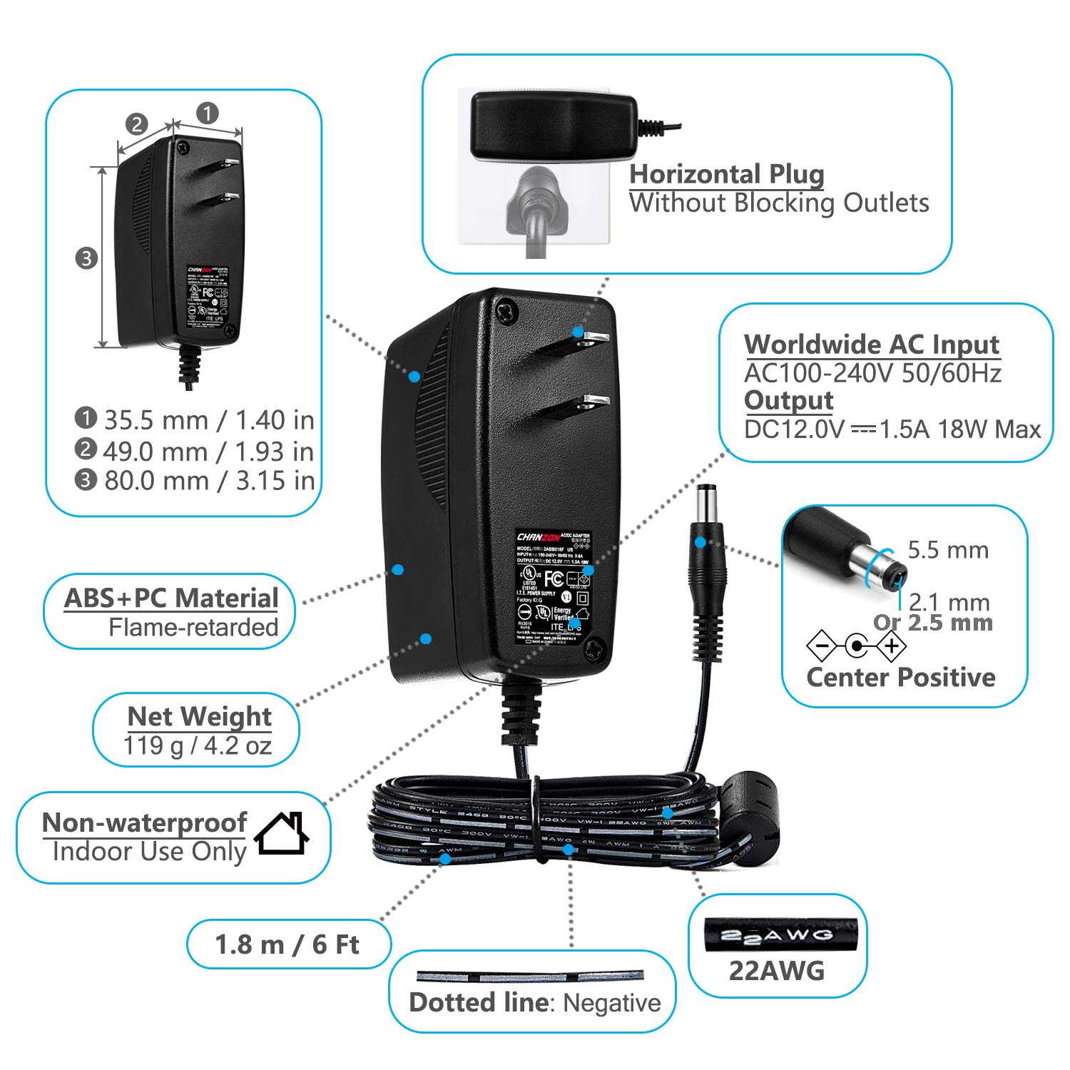 Chanzon 12V 1.5A 18W Power Supply AC DC Switching Adapter, 12 Volt 1.5 Amp AC/DC Wall Wart Converter Transformer, 100-240v 50 60HZ Input with 12vdc 1500ma Output