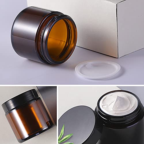 Homerove 4oz Amber Round Glass Jars with Black Lids and White Inner Liners, Empty Cosmetic Containers for Beauty Products(Set of 15 Pack and Attached with Labels and Spoons)
