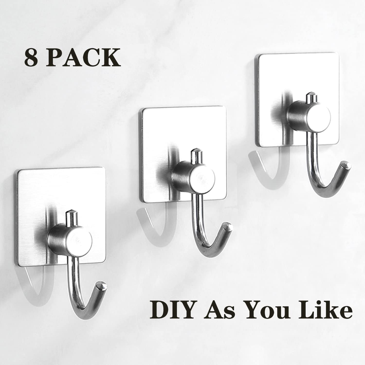 8 Pack Adhesive Hooks Heavy Duty Stainless Steel Black Wall Hooks Sticky Holder Waterproof Aluminum Towel Hooks for Hanging Coat Hat Key Clothes Closet Hook Wall Mount for Kitchen Bathroom Office