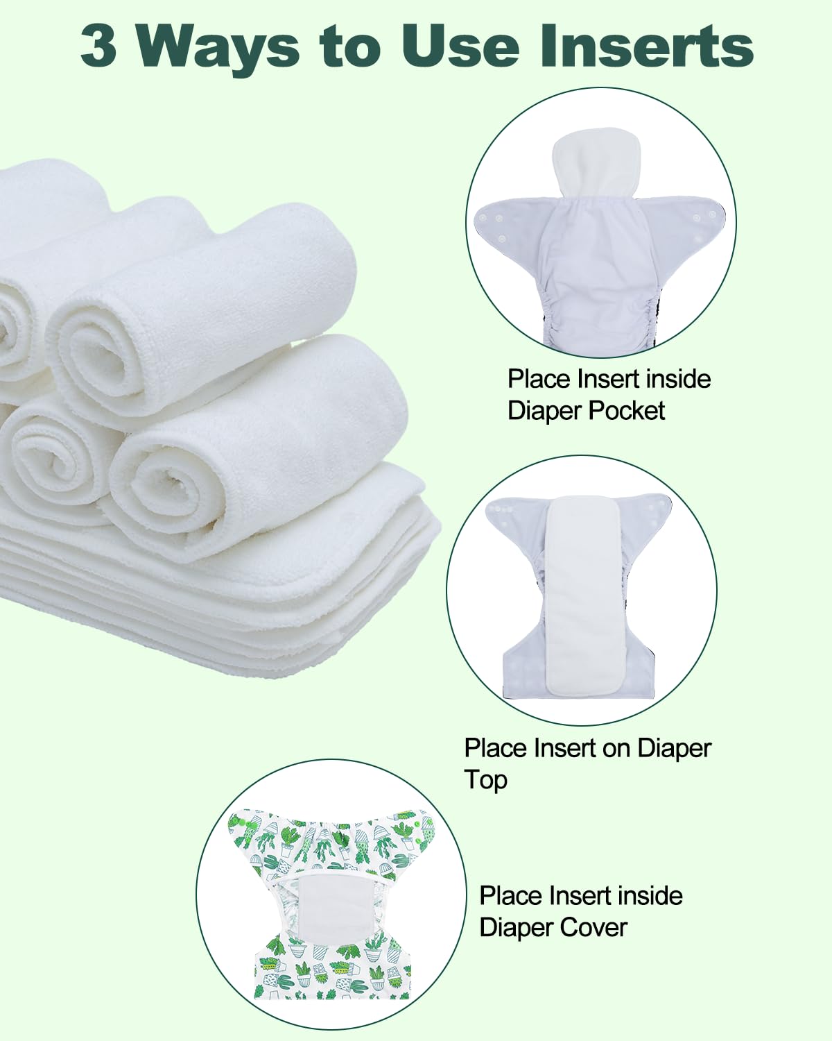 Babygoal Reusable Cloth Diaper Inserts Pack of 12, Absorbent & Breathable Liners, 3-Layer Microfiber Inserts for Cloth Diapers 12T