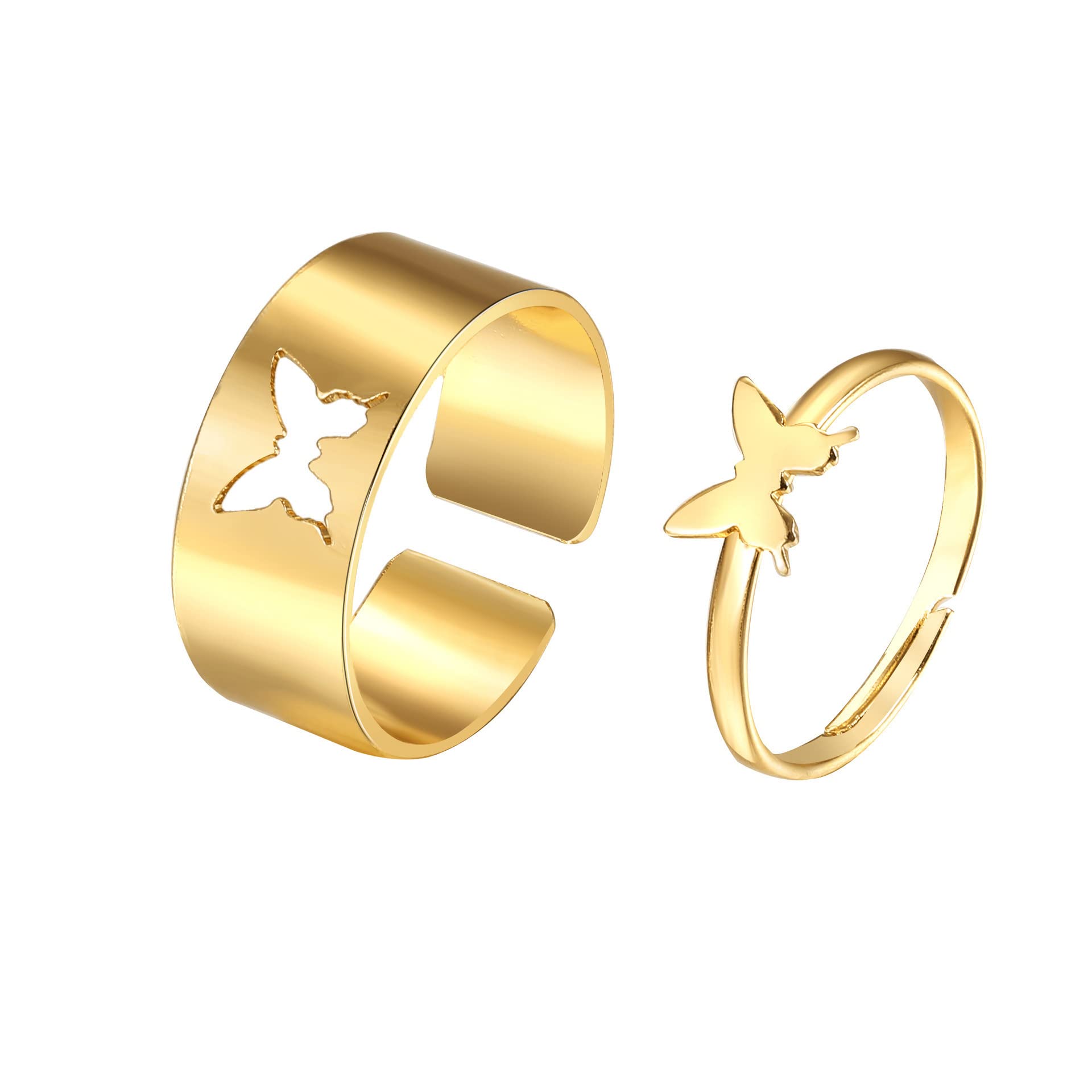 2PCS Butterfly Ring Set Punk Friendship Rings Stackable Rings Couple Ring Set Adjustable Promise Ring Matching Couple Rings Valentine's Day Gift for Men Women, Gold