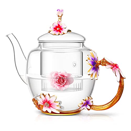 Luka Tech 35OZ Enamel Glass Flower Teapot With Removable Loose Tea Leaf Infuser Tea Maker,Gifts For Women,Mom,Mothers Day,Christmas,Birthday,Valentines Day