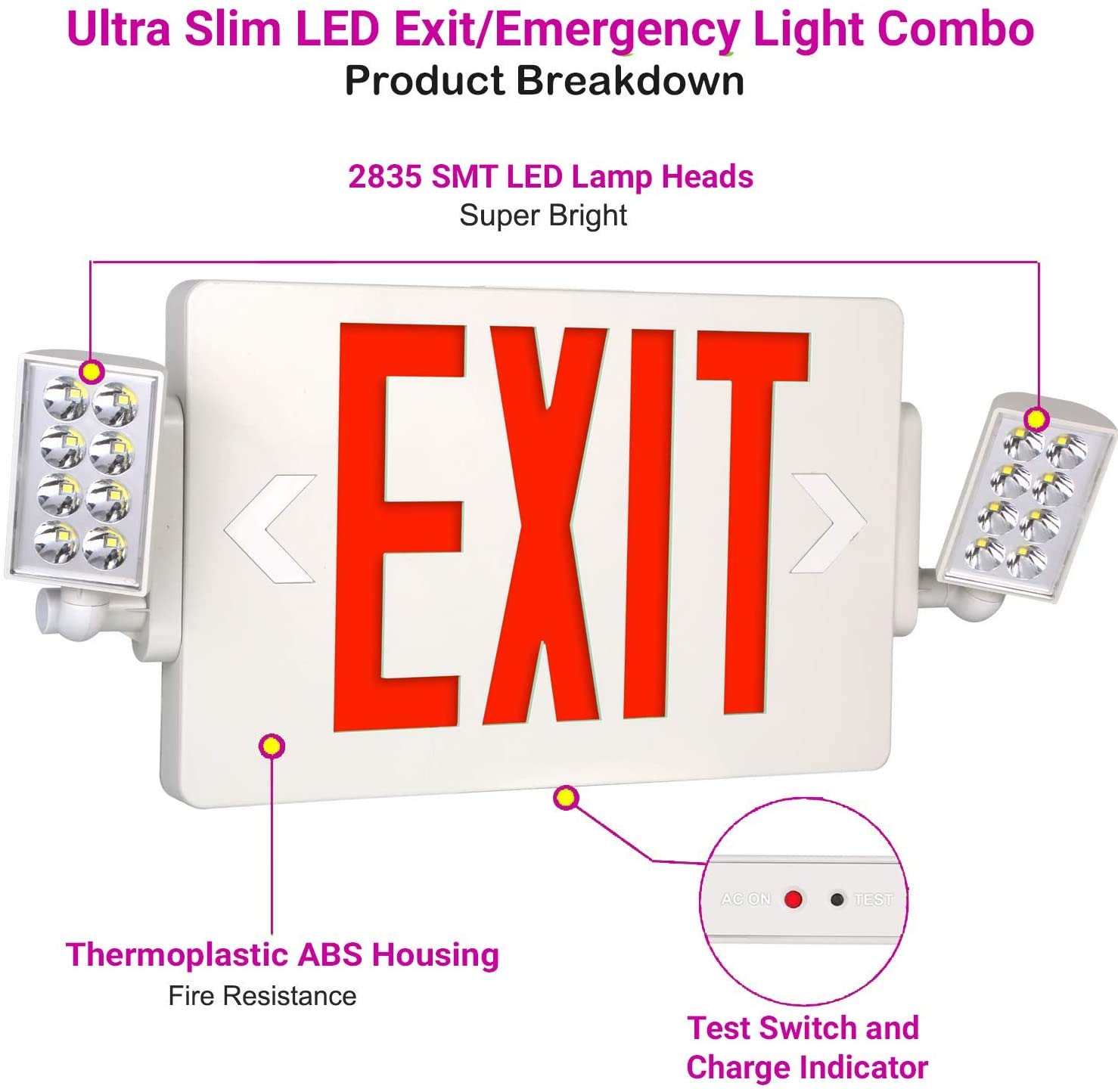 8 Pack Double Sided LED Emergency EXIT Sign Combo, Two LED Lights, Backup Battery, US Standard Red Letter Emergency Exit Lighting, Commercial Grade, 120-277V, Fire Resistant (UL 94V-0)