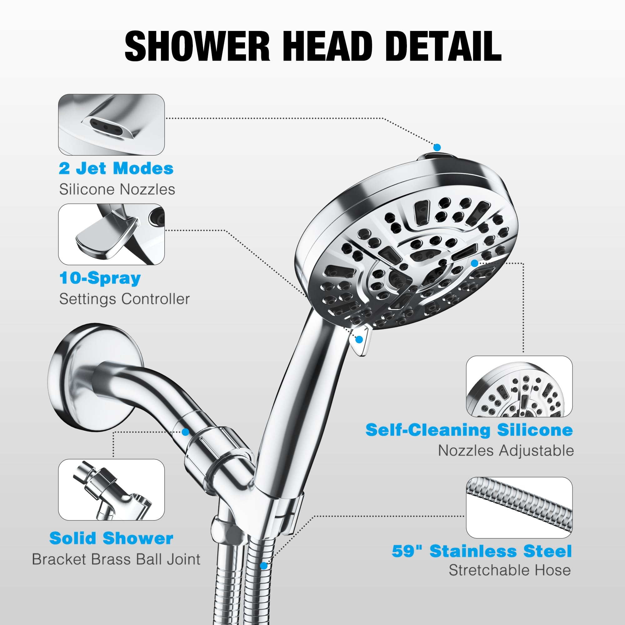 8 Massage Setting & 2 Jet Modes High Pressure Shower Heads, 5.04" Large Size Handheld Shower Head 59" Stainless Steel Shower Head with Hose 360° Detachable Shower Head Aqua Care Shower Head