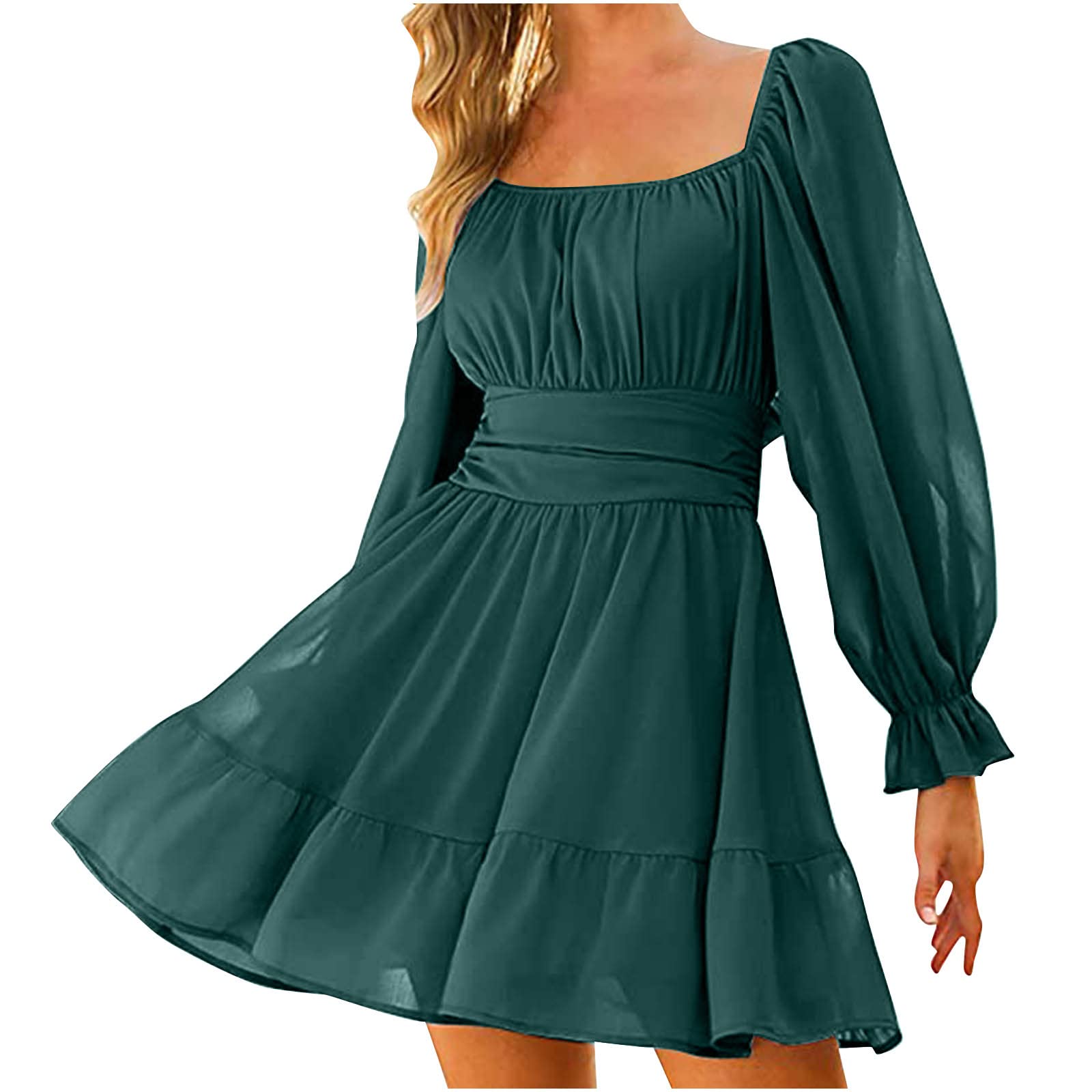 2023 Women's Dresses Tie Back Summer Dresses Long Lantern Sleeve Mini Dress Ruffle Elastic Waist Aline Dresses
