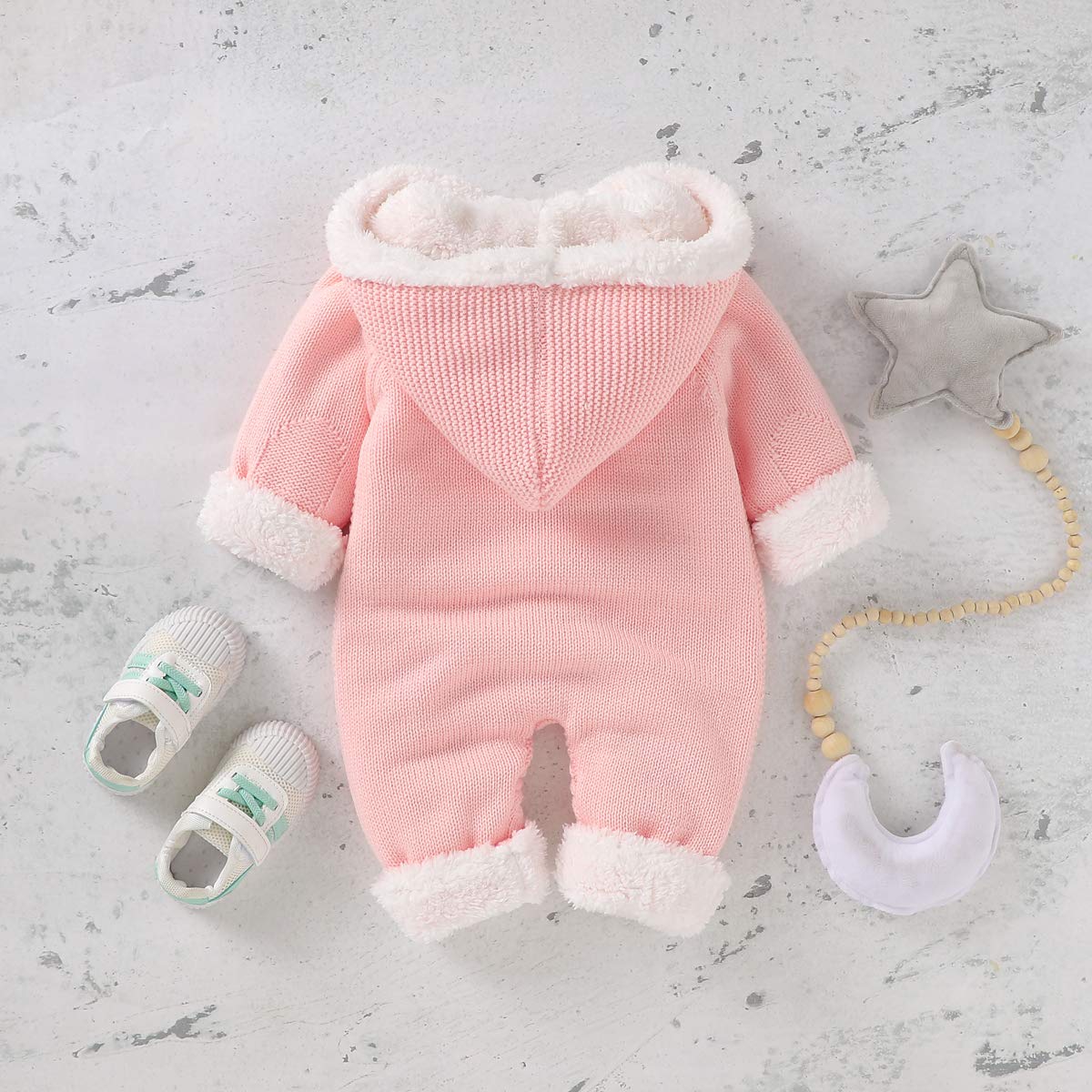 Camidy Baby Hooded Jumpsuit,Toddler Knitted Romper Cotton Long Sleeve One-Piece Coveralls