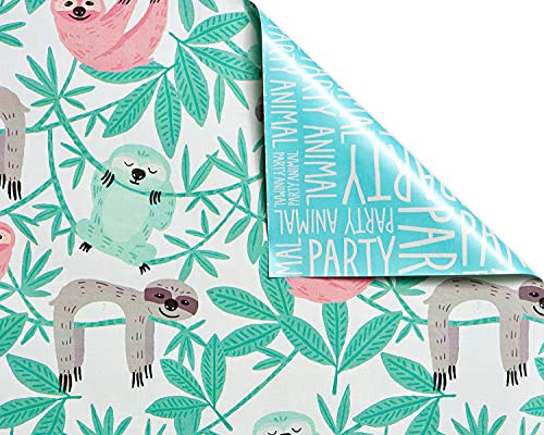 American Greetings Reversible Palms, Sloths, Flamingo Wrapping Paper for All Occasion, Green and Pink (3 Rolls, 120 sq. ft.)
