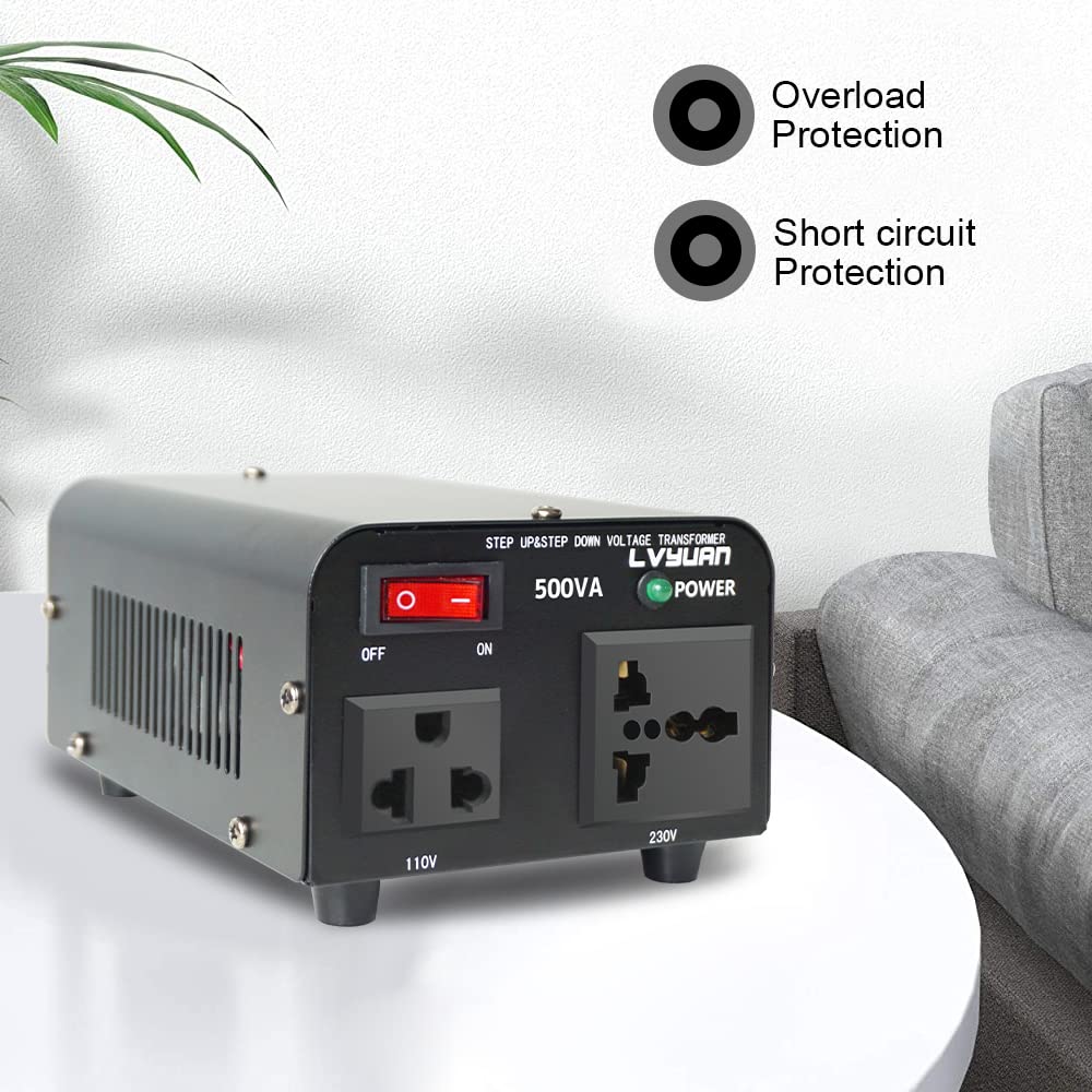 LVYUAN Voltage Transformer Converter 500 Watt Step Up/Down Convert from 110-120 Volt to 220-240 Volt and from 220-240 Volt to 110-120 Volt with US Outlet, Universal Outlet, Circuit Breaker