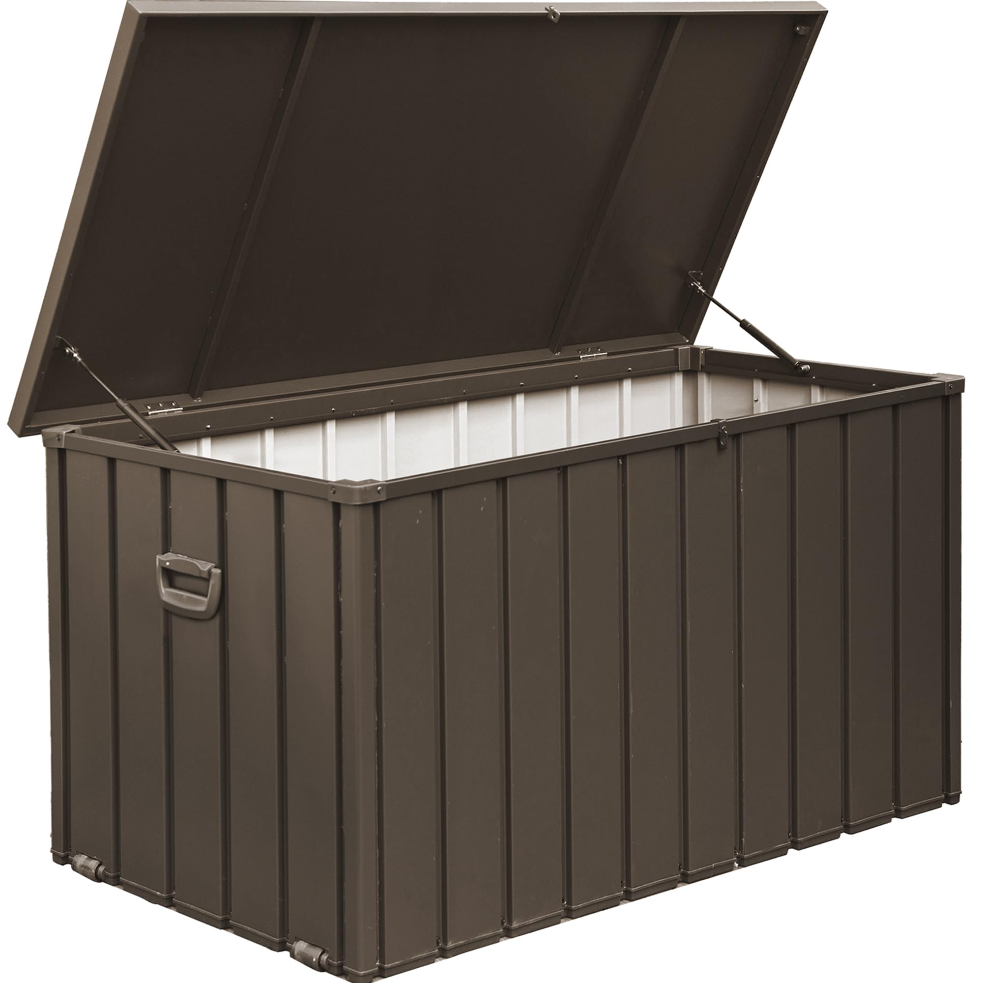 200 Gallon Outdoor Deck Box Lockable Metal Outdoor Storage Container with Side Handle, Waterproof Storage Box with Rolling Castors for Patio Garden Tools, Cushions, Pools Equipment, Dark Brown