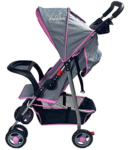 AmorosO Single Stroller - Baby Stroller with Four Wheels - Lightweight Stroller - Convertible Stroller with Extra Storage Space - Foldable Stroller with Sun Protection Hood Cover (Pink/Grey)