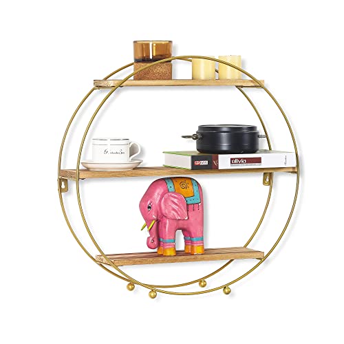Asense Floating Shelves for Wall & Table, Wood Geometric Style Decor Shelf for Bathroom Bedroom Living Room Kitchen Office (Round, Golden)