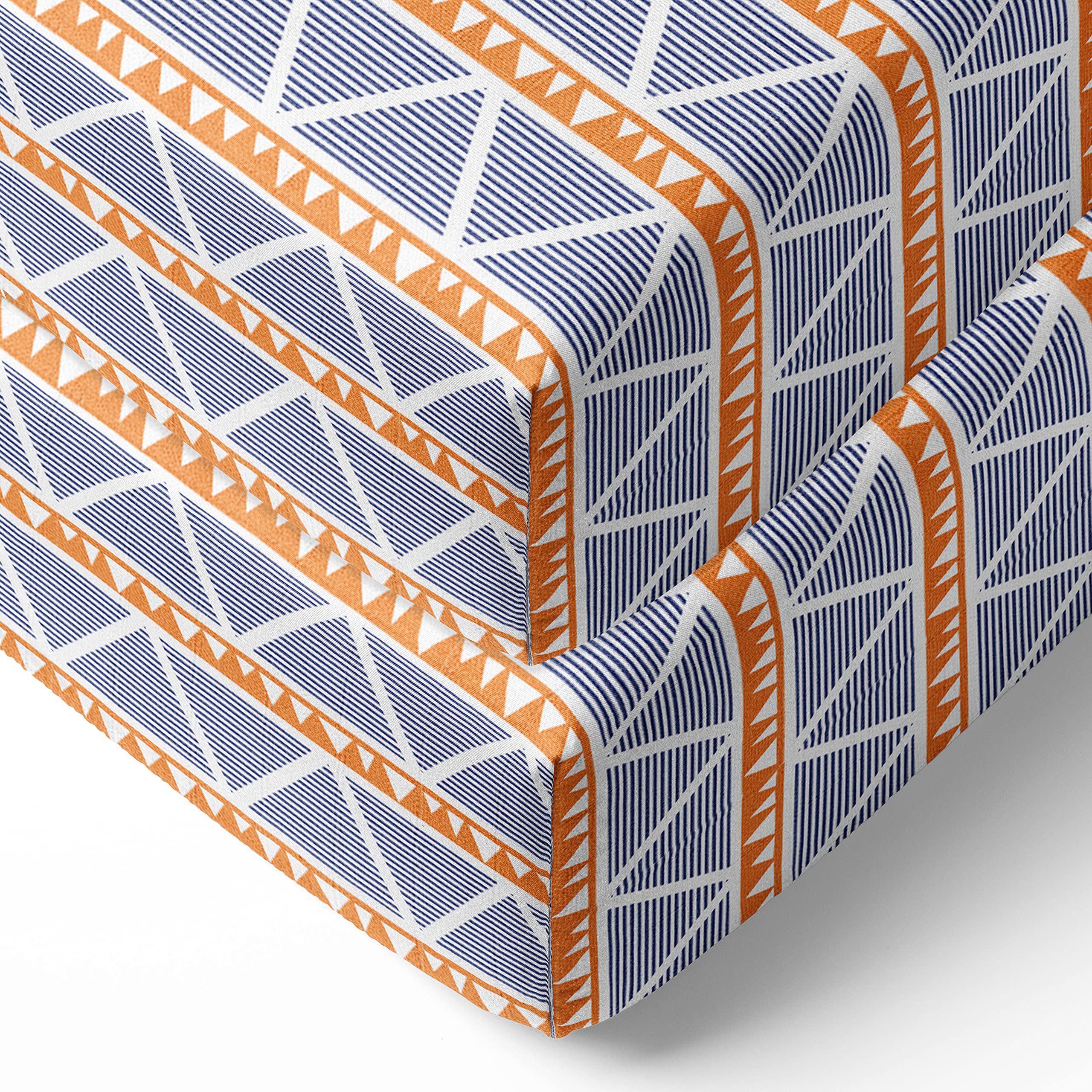 Bacati - 2 Pack Tribal/Aztec/Triangles Silky Soft Breathable 100% Cotton Muslin Baby Crib Fitted Sheets - Fits Standard 28 x 52 x 5 Crib & Toddler Mattresses (Orange/Navy Large Triangles)
