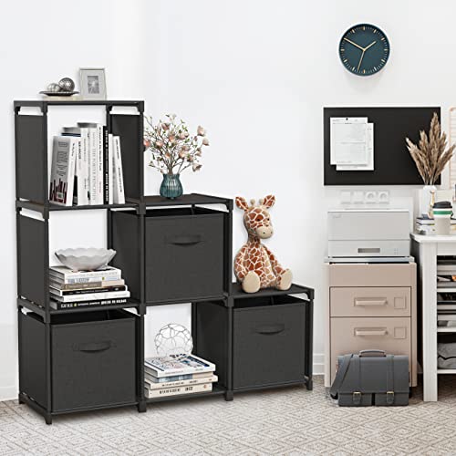 6-Cube Storage Organizer, Closet Organizers and Storage, Cube Storage Shelf with 3 Extra Drawers, Strong Load-Bearing Capacity, Portable Shelves for Bedroom, Living Room, Home, Office Black