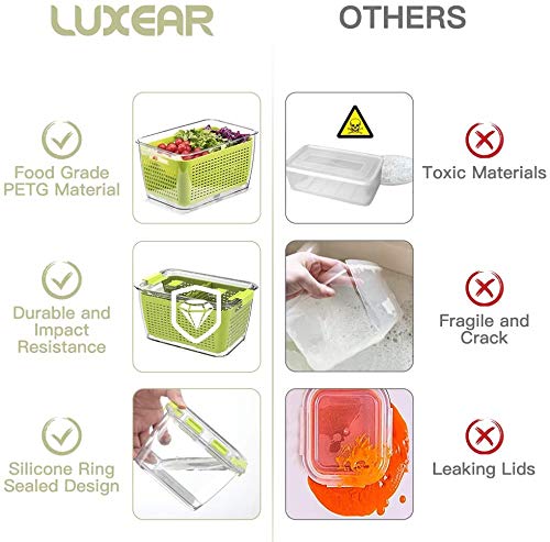 LUXEAR Fresh Container, 3PACK Produce Saver Container BPA Free Fridge Organizer for Vegetable Fruit and Salad Partitioned Food Storage Container with Vents Stay Fresh Containers Not Dishwashers Safe