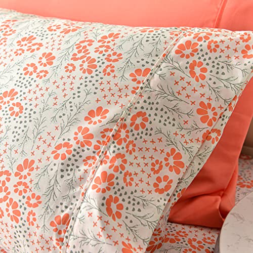 American Home Collection 6 Piece Print Bedding Sheets & Pillowcases Set Brushed Microfiber Wrinkle Free 14 Inches Deep Pocket Coral Patterned Sheets (Queen, Peach Floral)