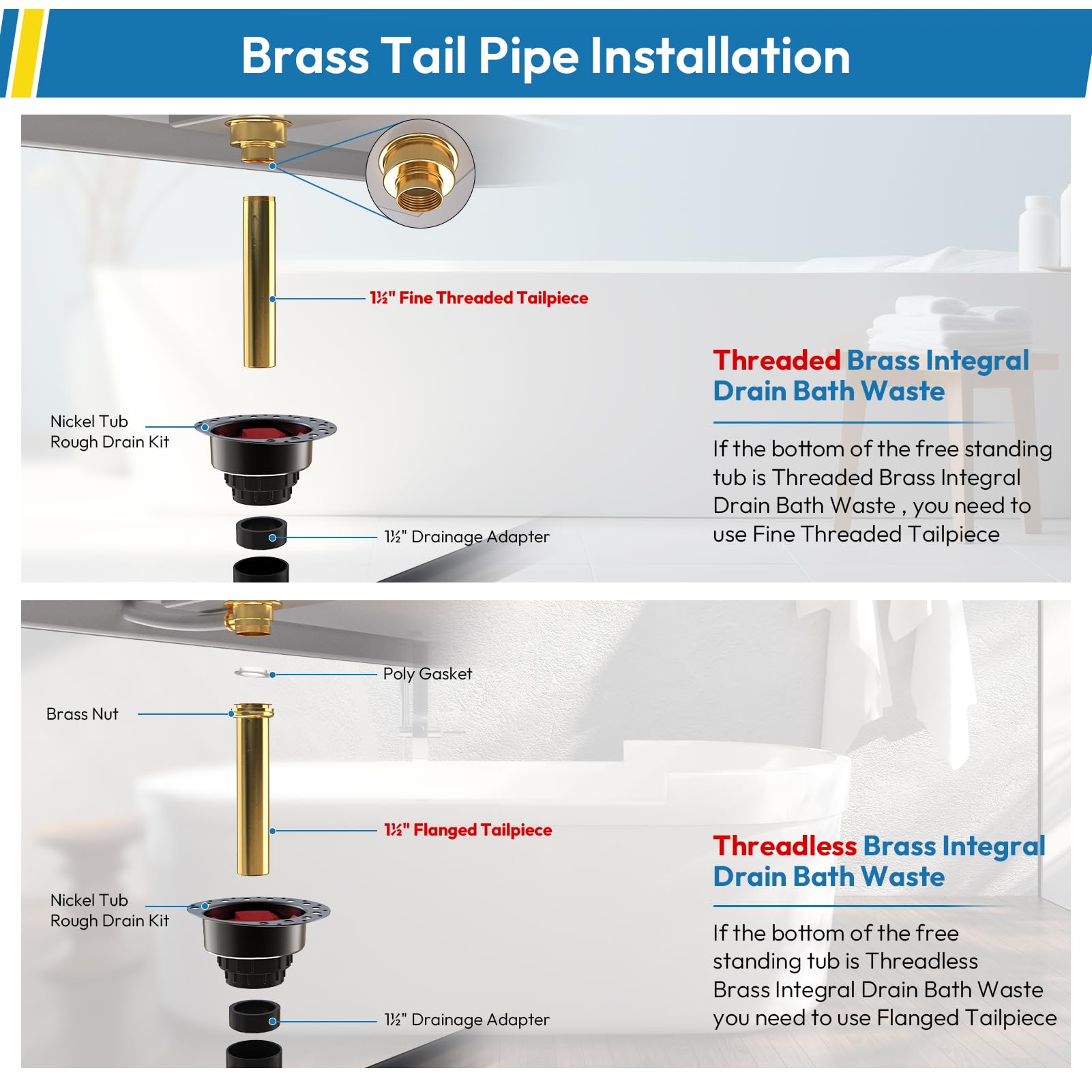 ABS Freestanding Tub Drain Rough-in Kit, ABS Plastic Adapter, Bathtub Drain Kit with Brass Tail Pipes, Compatible with Freestanding Bathtub, Floor Mounted Bathtub and Copper Bathtub