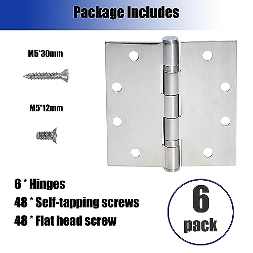 6-Pack Heavy Duty Commercial Door Hinge with Silent Steel Plain Ball Bearing, 4.5 inch X 4.5 inch, Thickness 3 mm Stainless Steel, Square Corners with 48 Screws, Super Bearing Capacity
