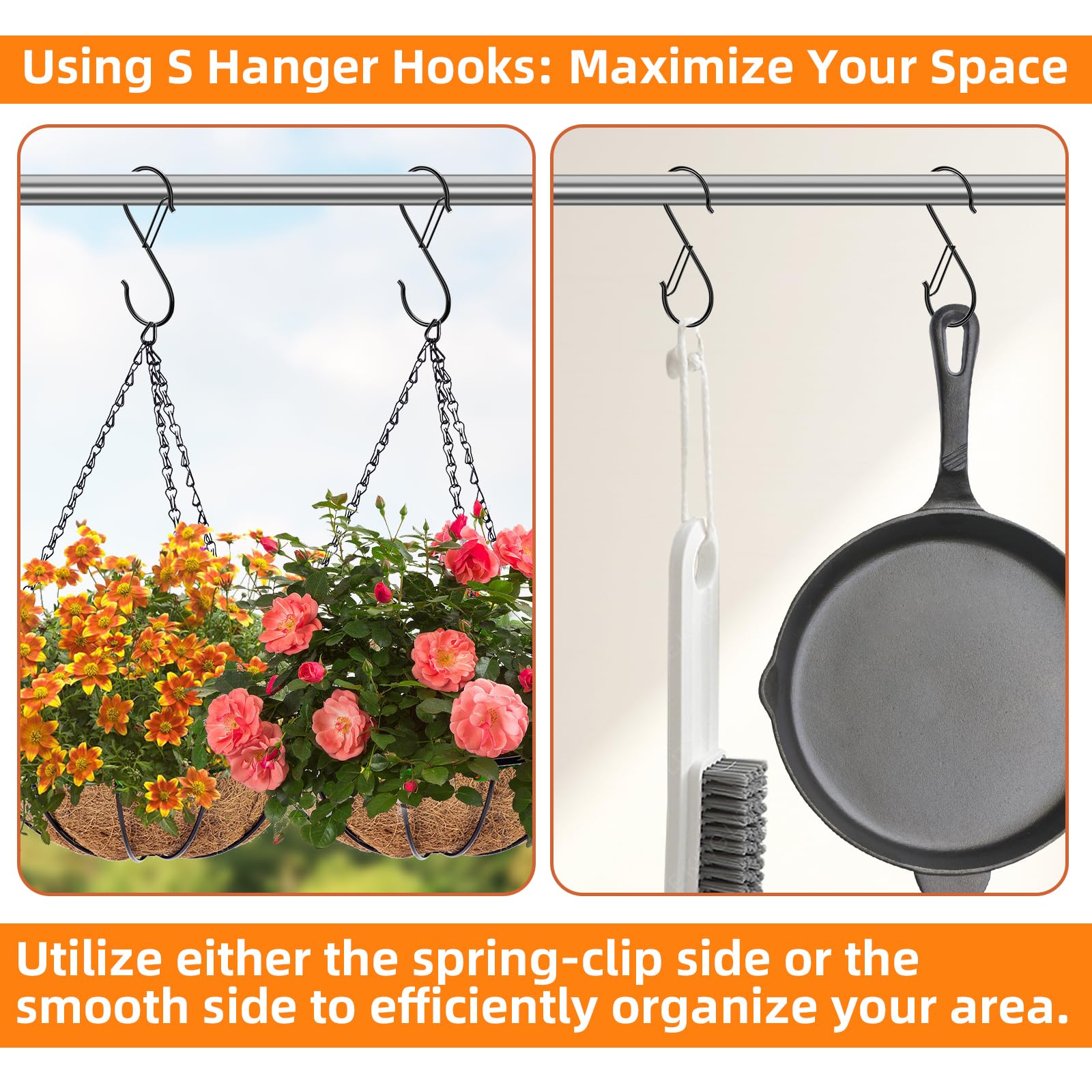 8 Pack S Hooks - 3.5 Inch Heavy Duty S Hooks for Hanging, Small Metal Hooks with Safety Buckle, Max Weight 40 lbs, S Hooks for Hanging Plants, Closet, Clothes, Kitchen, Garden, Indoor Outdoor Black