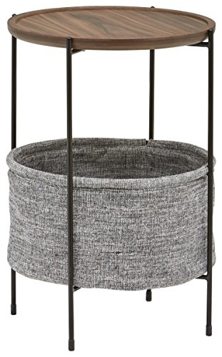 Amazon Brand â Rivet Meeks Round Side Table with Fabric Storage Basket, 24"H, Walnut and Grey