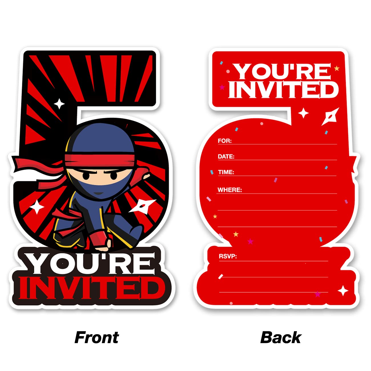 20 Ninja 5th Birthday Party Invitations with Envelopes Double Sided Ninja Shaped Fill-in Invitations Invites for 5 Year Old