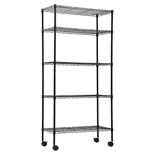Dlewmsyic Wire Shelving with Wheels, 5 Layer 750 Lbs Capacity 60" Hx30 Lx14 W Metal Storage Shelf, Black
