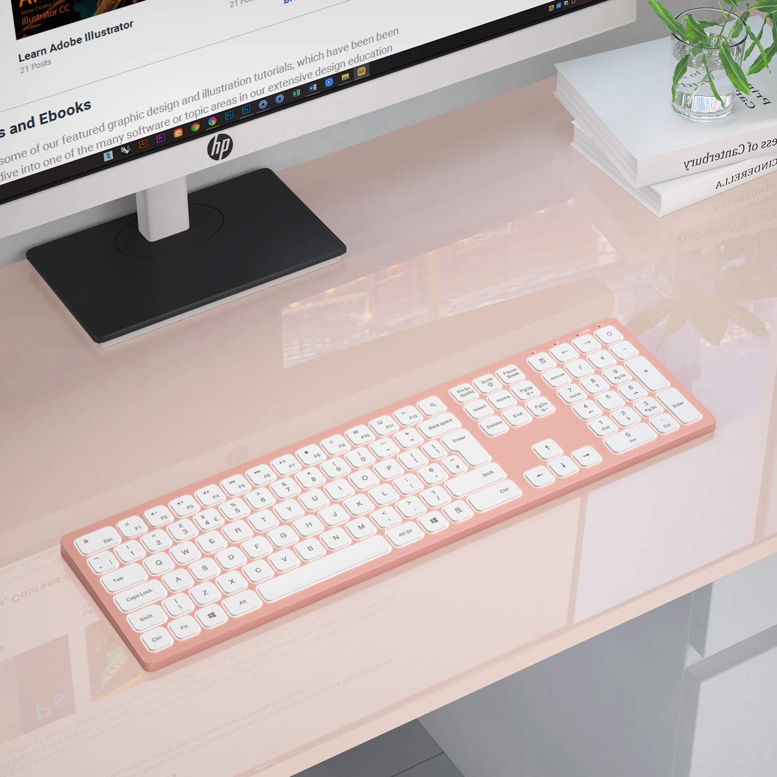 seenda Backlit Wireless Keyboard, 2.4GHz Ultra Slim Rechargeable Keyboard, Illuminated Wireless Keyboard for Computer, Laptop, Desktop, PC, Surface, Smart TV, Windows 10/8/7 (Rose Gold)
