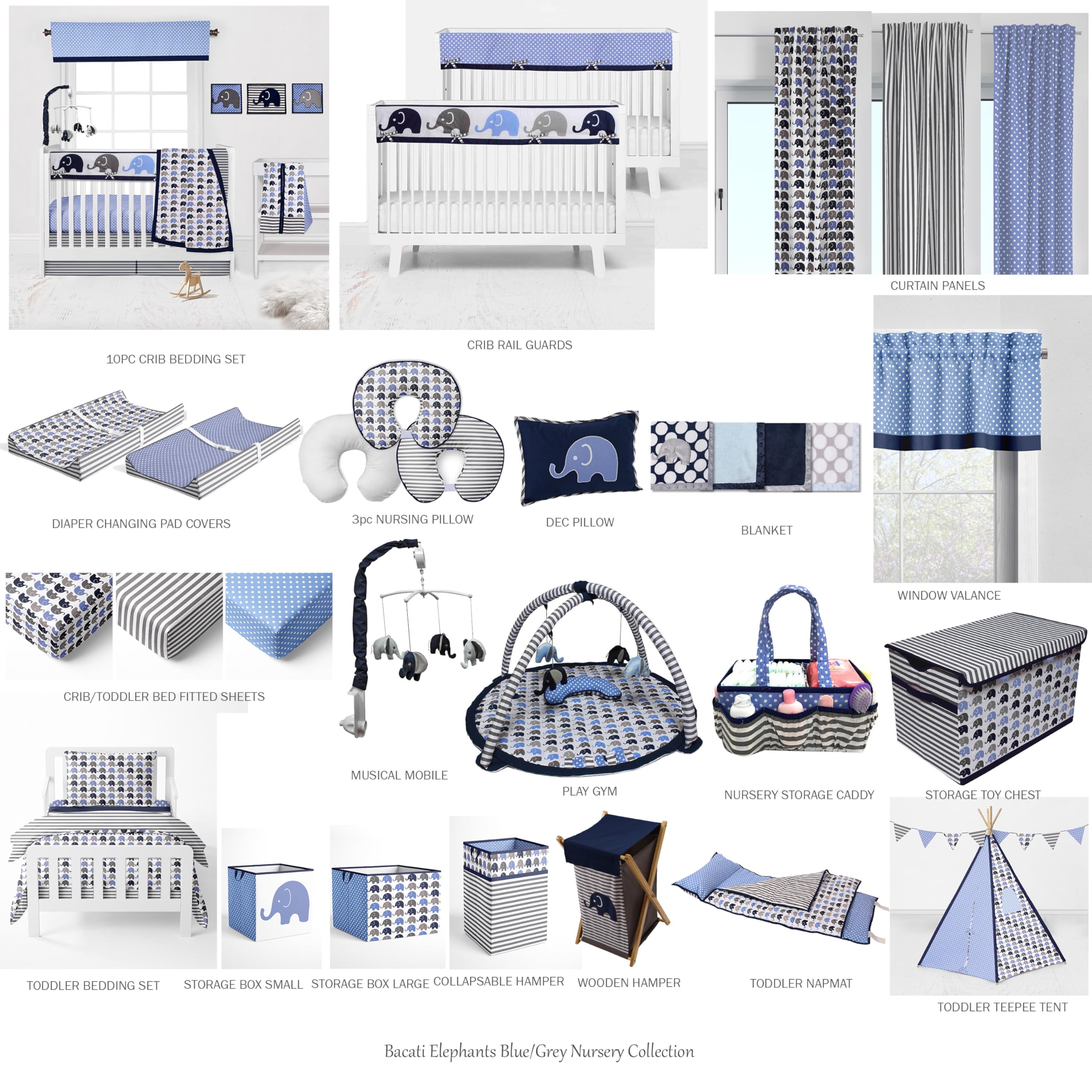 Bacati - Elephant Blue, Navy, Grey 100% Cotton Boys Universal Baby Crib or Toddler Bed Fitted Sheet
