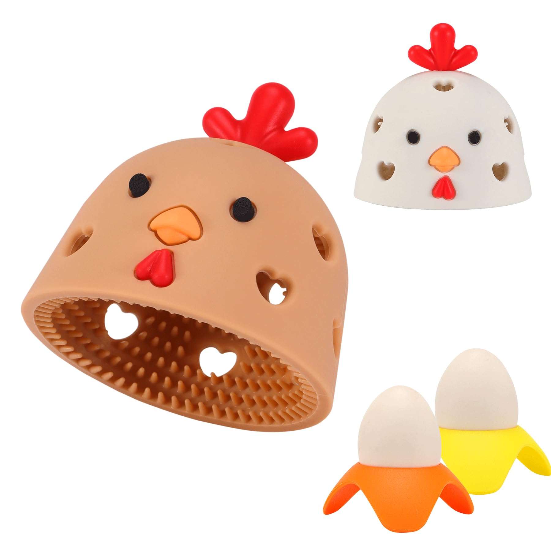 2PCS Egg Cleaner Scrubber Washer for Fresh Eggs & 2PCS Egg Cups, Easy Breakfast, Cute Chicken Egg Brush, Utensil Kitchen Decor Reusable for Breakfast Boiled Cooking Childhood Memories