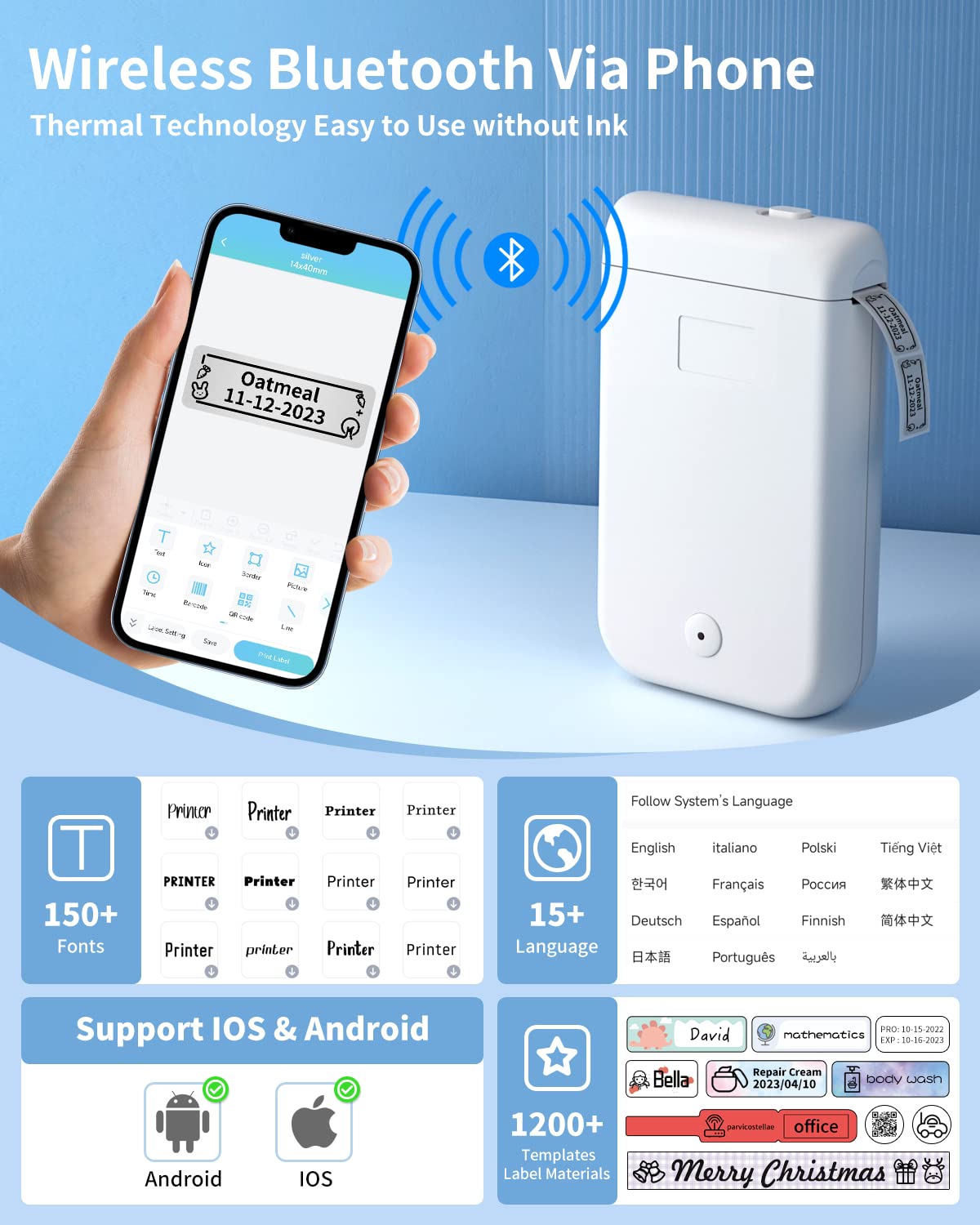 2024 Label Makers Machine with Tape, D10 Bluetooth Label Makers, Portable Wireless Mini Label Printer for Home Labeling, Easy to use Inkless Handheld Small Labeler for Phone, with 1 Roll Label