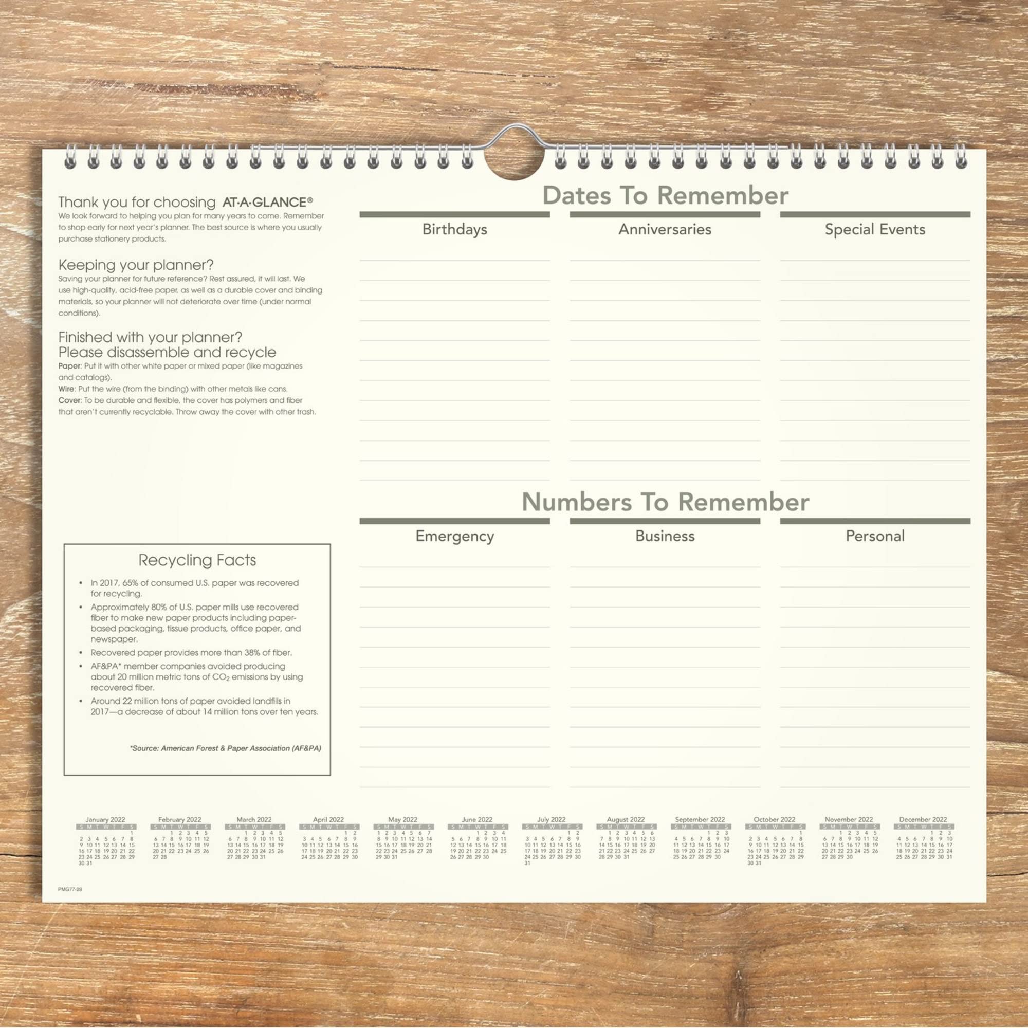2022 Wall Calendar by AT-A-GLANCE, 14 7/8" X 11 7/8", Medium, Monthly, Recycled (PMG7728)