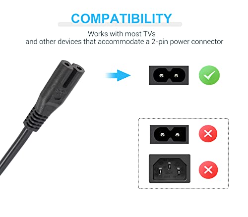 AC Power Cord Compatible Samsung TV, TCL lg Sony Sharp Insignia Hisense Toshiba TV 6 Feet 2 Prong Power Cable Replacement