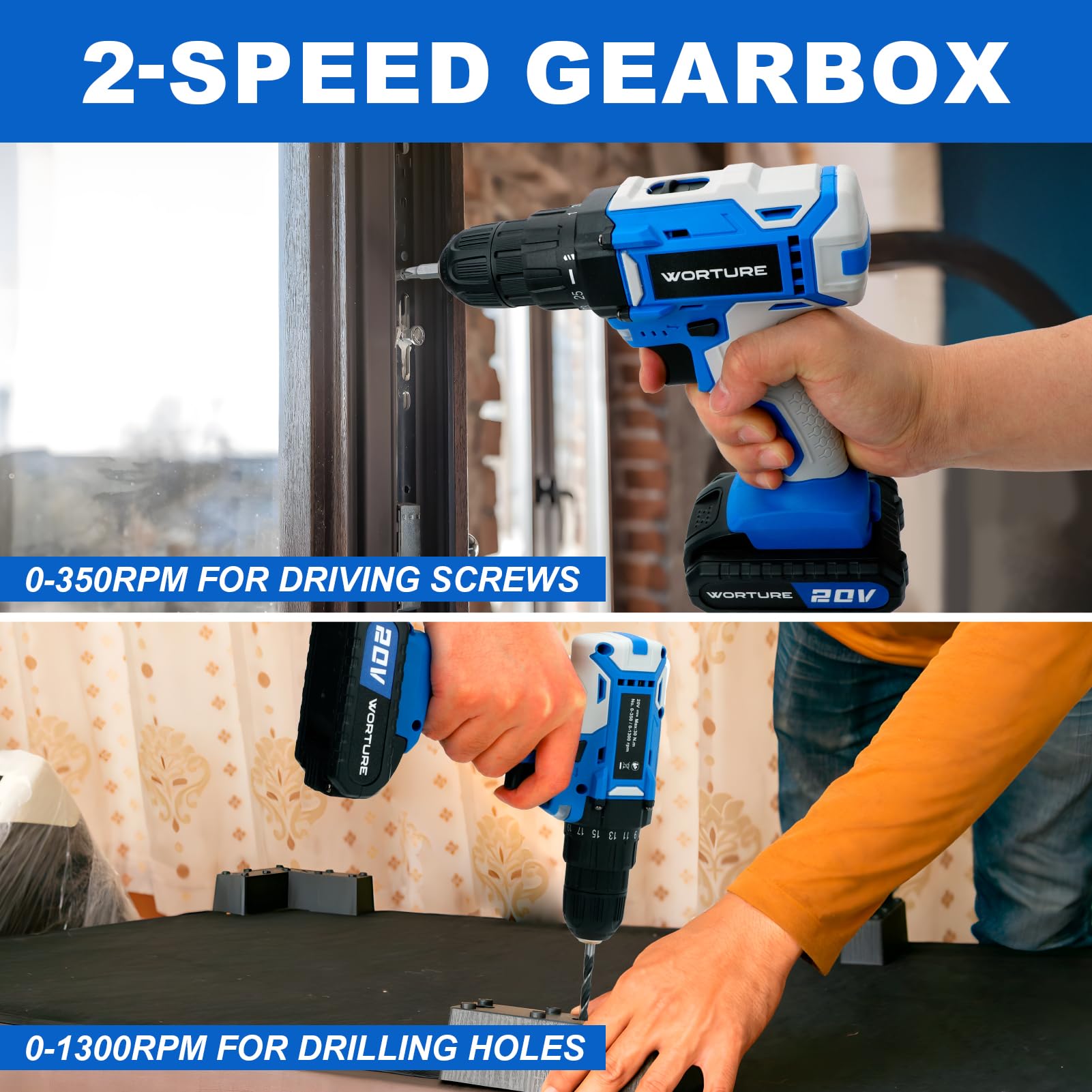 20V Cordless Drill, 3/8” Keyless Chuck, 353 In-lb (40 N.m) Torque, 2 Variable Speed, Electric Power Drill Set with 1.5AH Battery & Charger, 25+1 Position and 34 pcs Drill/Driver Bits (Blue)