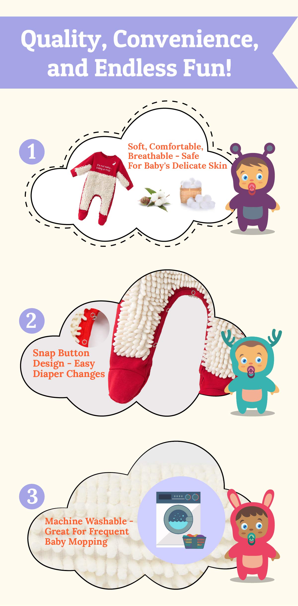 Cute Baby Mop Onesie - Funny and Functional, Perfect as a Long Sleeve Romper for Your Crawling Baby and for Use as an Everyday Baby Jumpsuit. Great as (Red, 9-12 Months)