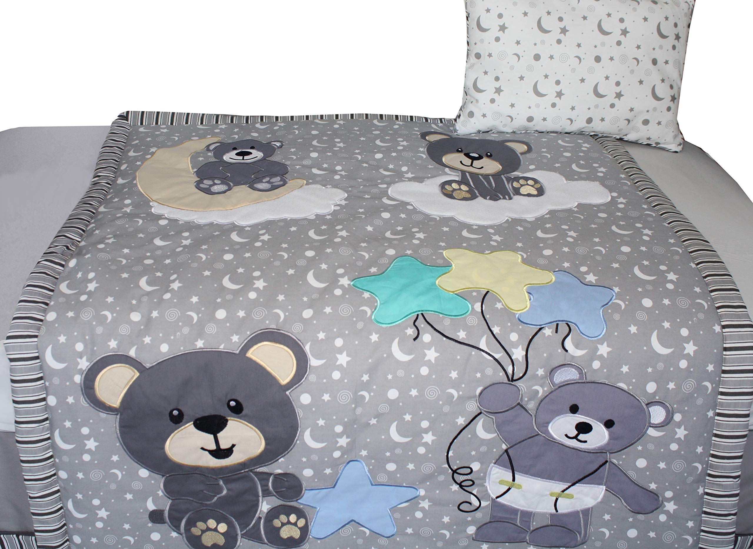 BabyFad Teddy Bear Grey with Stars, Moon and Cloud 100% Cotton Nursery for Baby Boys and Girls, Musical Mobile 9 Piece Crib Bedding Set