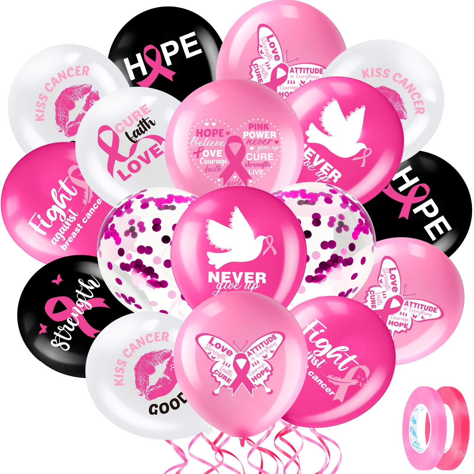 60 Pieces Breast Cancer Awareness Balloons, Pink Ribbon Latex Balloons Breast Cancer Party Decorations Transparent Confetti Glitter Balloons for Pink Ribbon Walk Charity Theme Party Supplies,12 Inch